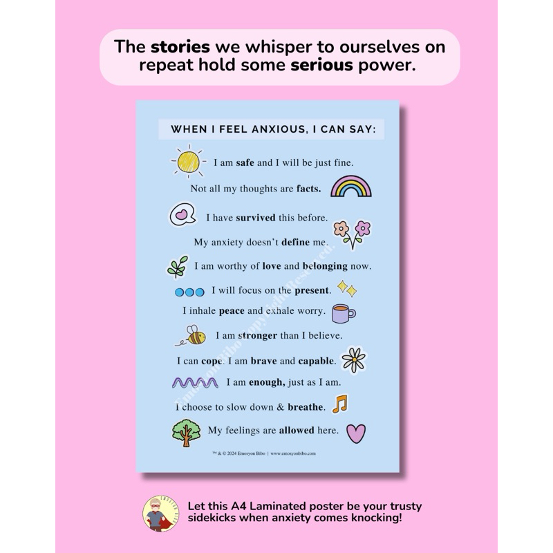 Feeling Anxious Positive Affirmation Laminated Chart Mental Health ...