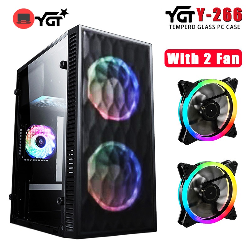 YGT Black PC Case With 2 Fan Tempered Glass Micro ATX Gaming Case ...