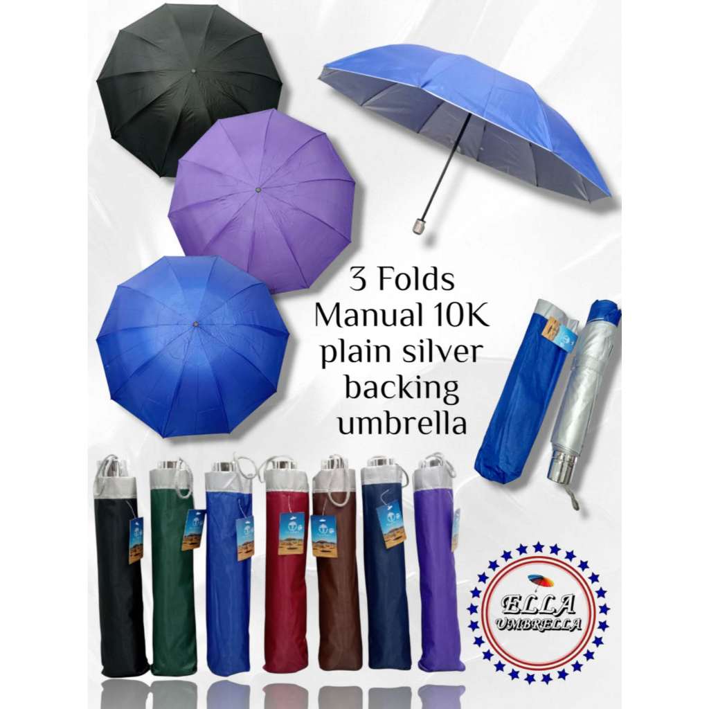 (ELLASHOP) New style umbrella 3 folds manual 10K plain silver Backing ...