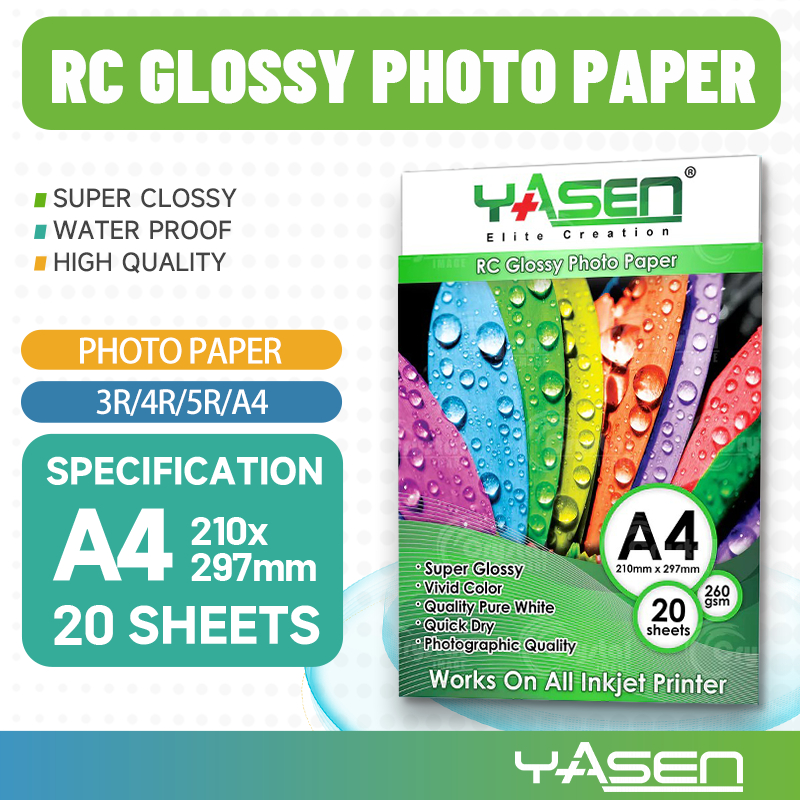 Yasen High-Gloss RC Photo Paper 260gsm - Multi-Size Pack (20 Sheets ...