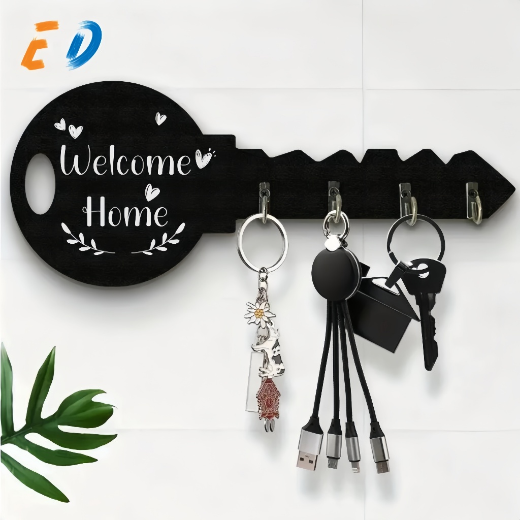 Wooden Large Key Shape Holder Shelf Multi Purpose Hook Space Saving ...