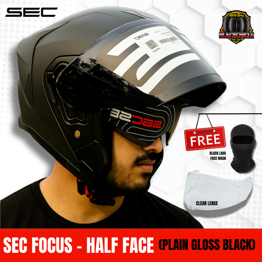 Motorcycle Helmet Half Face SEC FOCUS PLAIN GLOSS BLACK - LOW PRICE ...