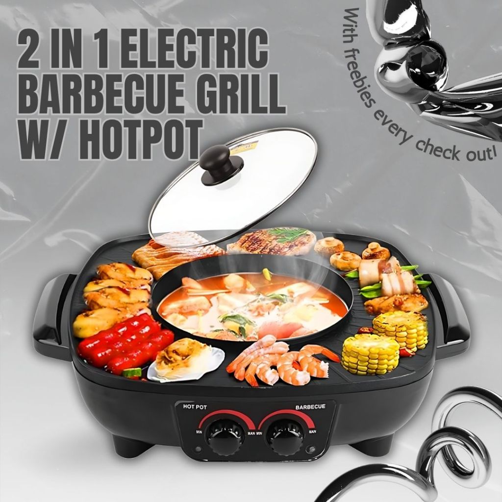 2-in-1 Electric BBQ Grill with Hotpot | Smokeless Barbecue Cooker for ...