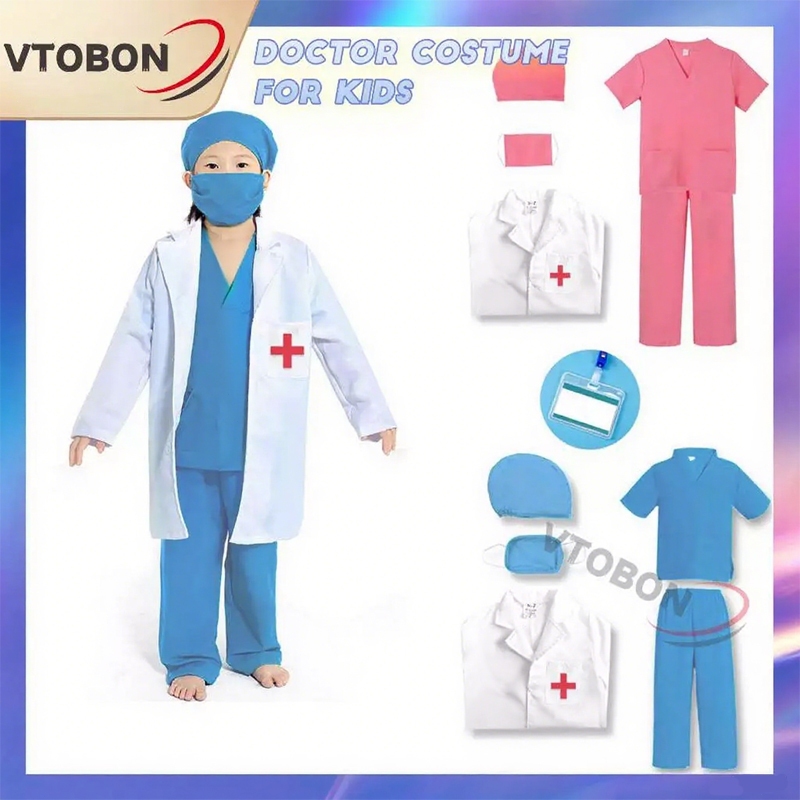 Doctor Career Costume for Kids Girls Pink Blue White Gown Nurse Uniform ...