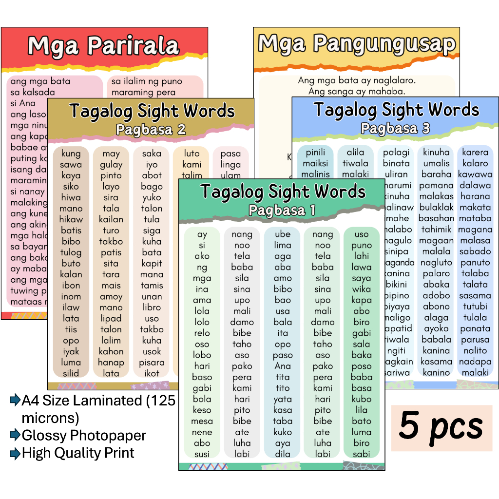 TAGALOG SIGHT WORDS Educational Chart for Kids - A4 Size 5pcs/1pc ...