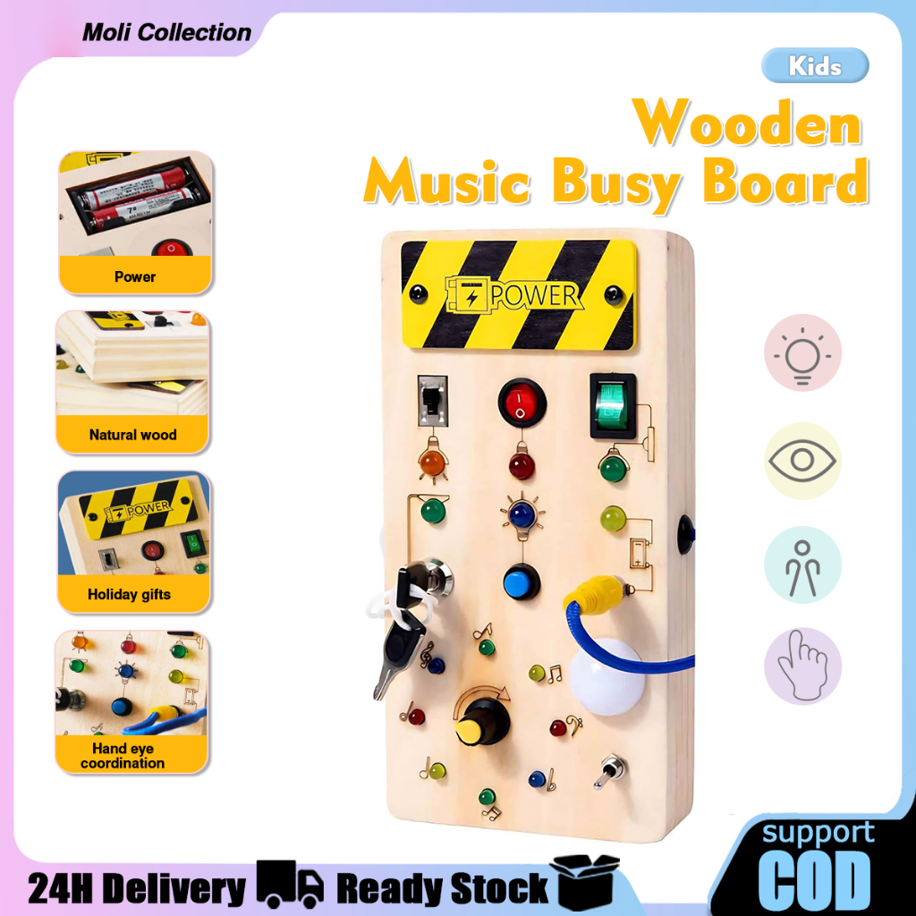Montessori Toys Wooden Busy Board with 8 LED Light Switches, Baby ...