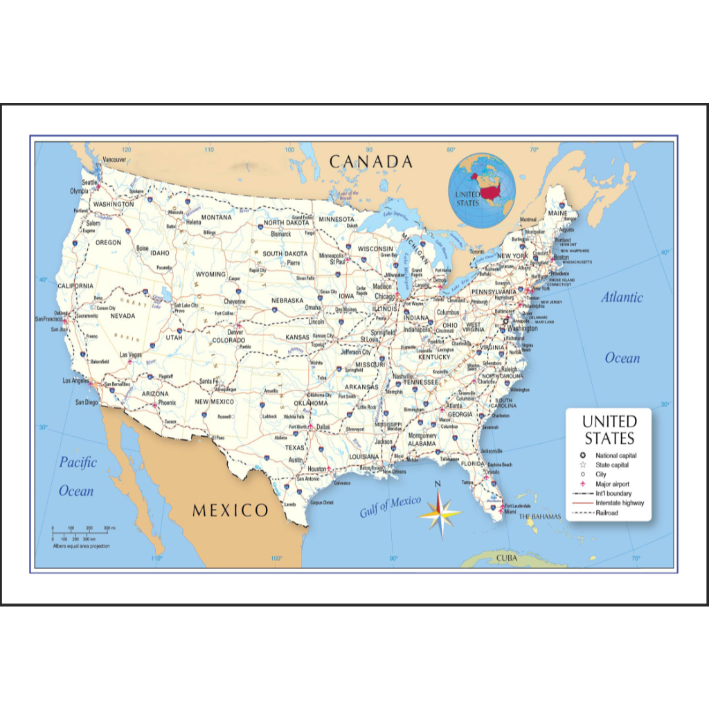 USA detailed Political Map Waterproof A4 Laminated Chart | Shopee Singapore
