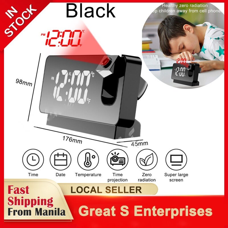 180 Arm Projection Alarm Clock Time Temperature USB Plug-in Digital ...
