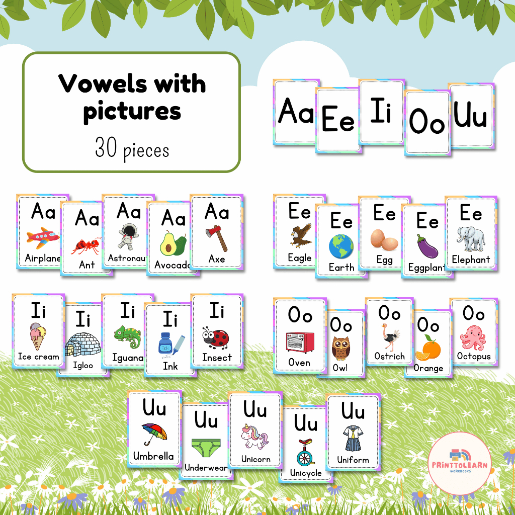 Vowels with pictures laminated flashcards | Shopee Singapore
