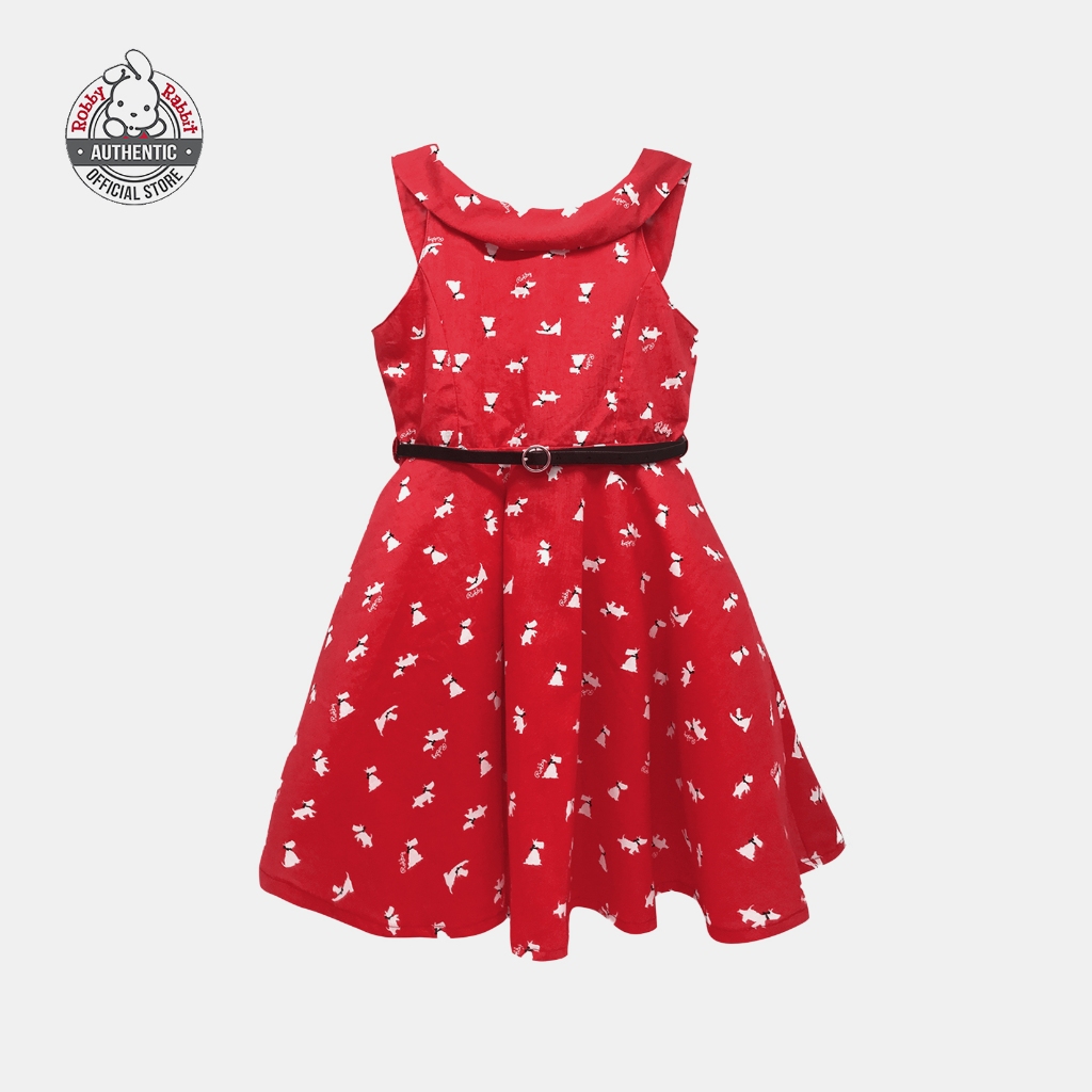 Robby Rabbit Sweet Retro Dress with Velvet Belt (Red) | Shopee Singapore