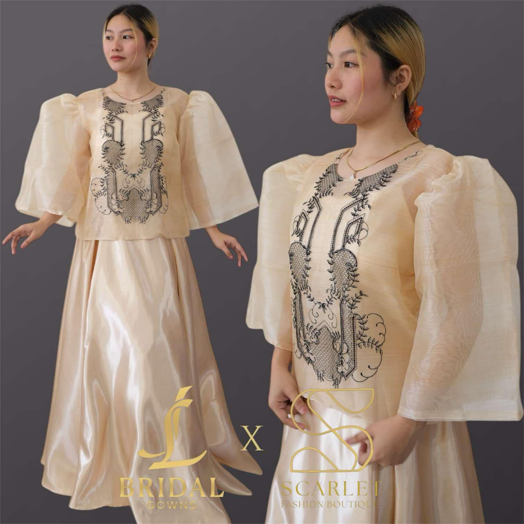 black embroidered kimona filipiniana top with puffsleeves for Formal ...