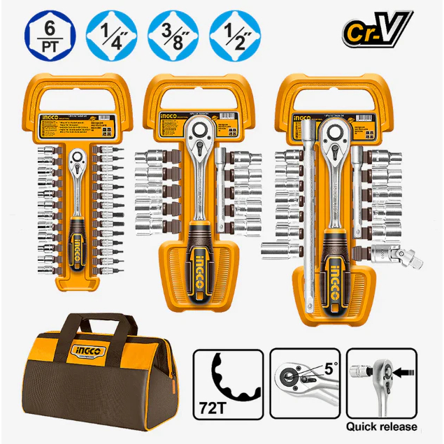 BUILDMATE Ingco 57pcs 1/4 inch, 3/8 inch and 1/2 inch Socket SET ...