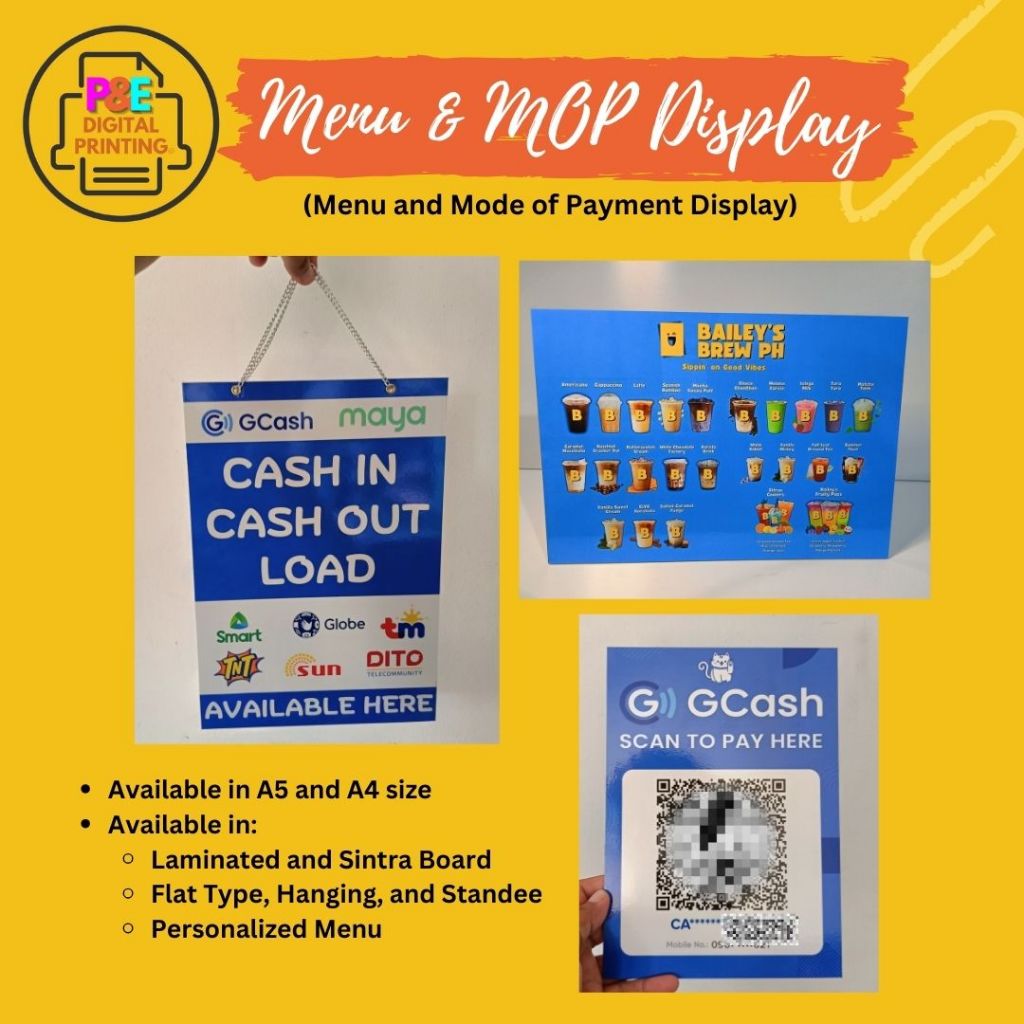 A4/A5 GCash & Menu Display- Laminated/Sintra Board - Available in ...