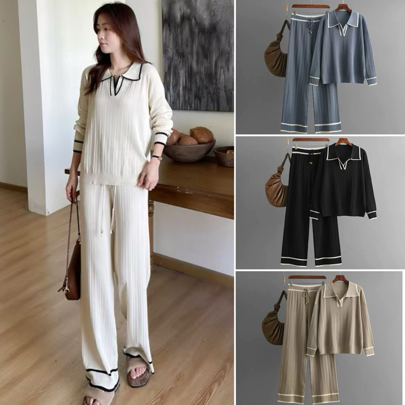 9858 Korean Knitted Coords Longsleeve Polo Top and Pants Set/Terno ...