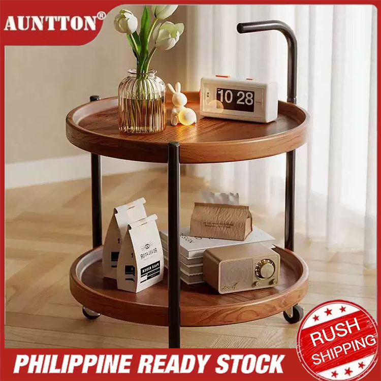 2-Tier Storage Wood Table Balcony Table Simple Tea Table With Wheels ...