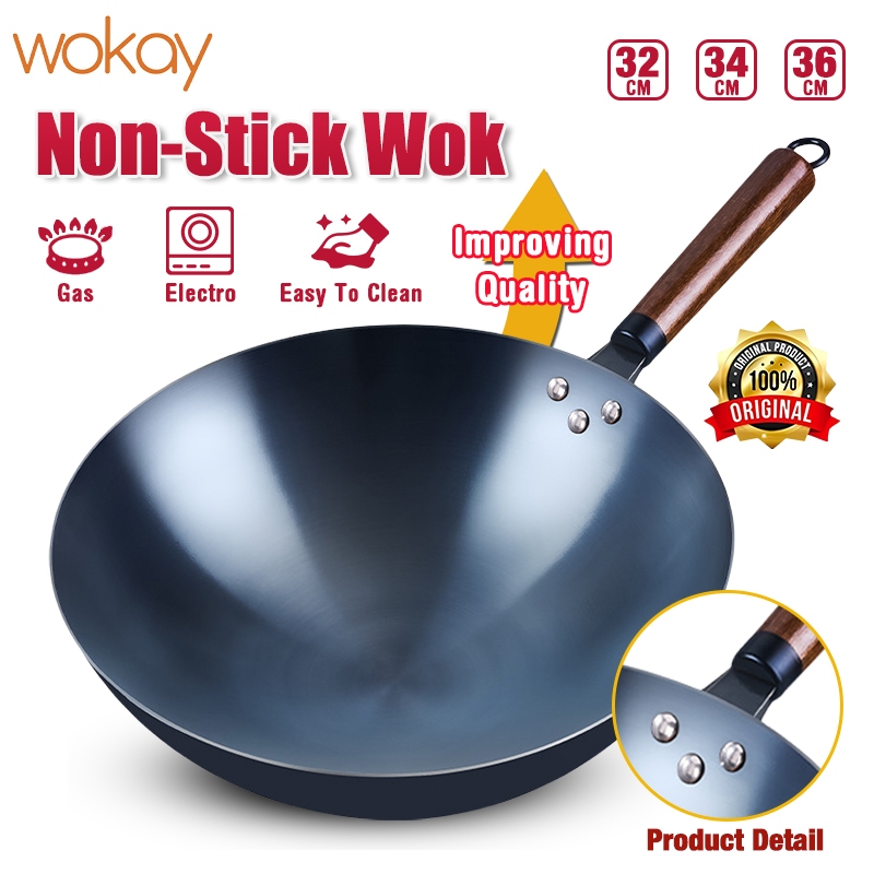 WOKAY Wok Non Stick Heavy Duty Carbon Steel Wok Cookware 32/34/36cm ...