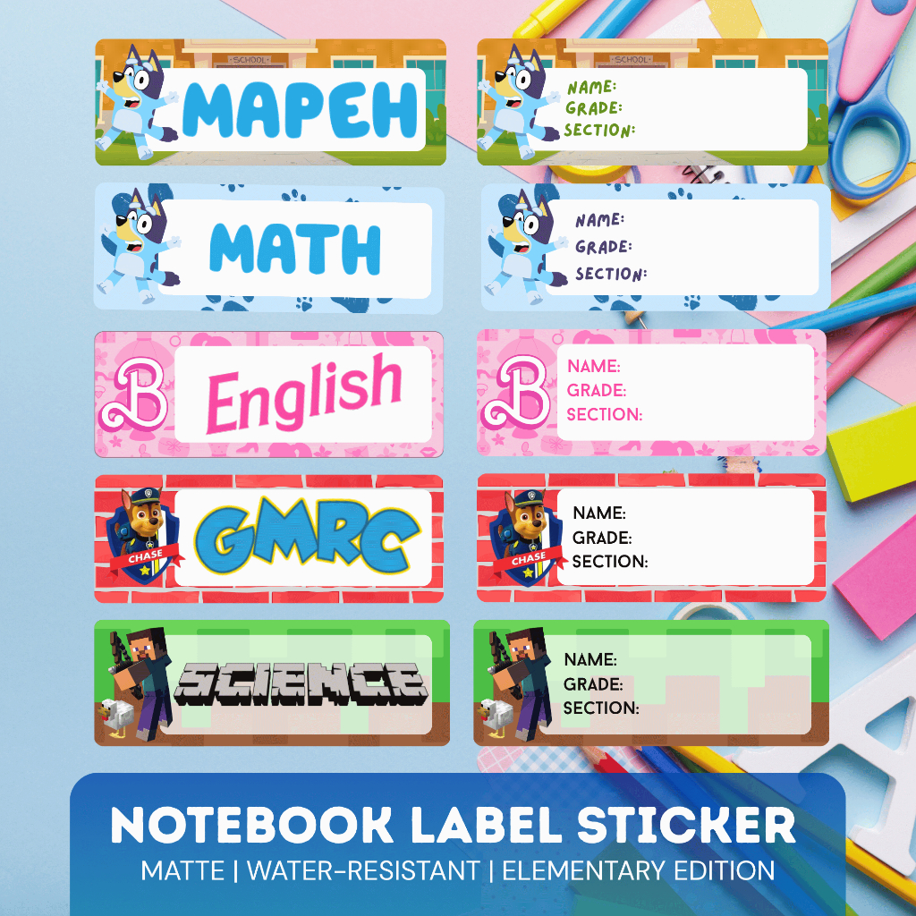 NOTEBOOK LABEL STICKER | ELEMENTARY SUBJECTS | BLUEY, BARBIE, MINECRAFT ...