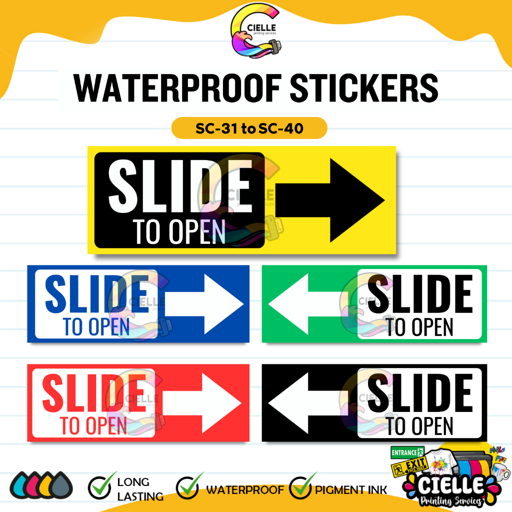 WATERPROOF STICKER SIGNAGES (SC-31 to SC-40) – SLIDE TO OPEN Signage ...