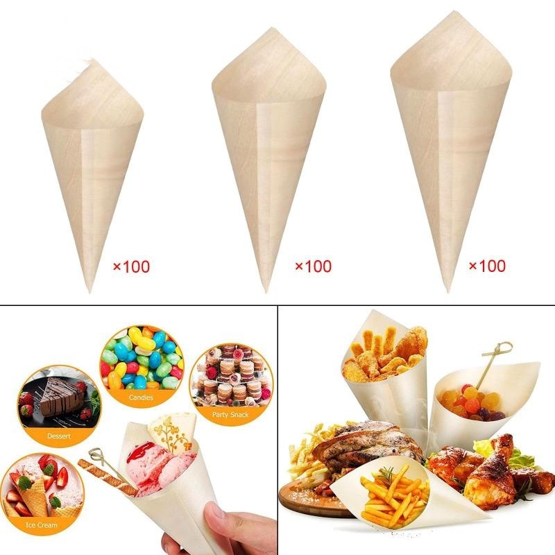 100PCS/SET Disposable Wood Appetizer Cones Ice Cream Cone Cups Party ...
