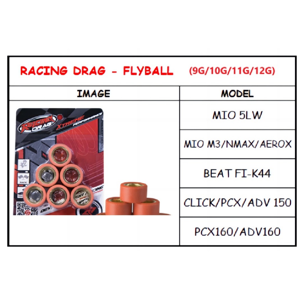 Racing Drag FlyBall (6Pcs) 9G/10G/11G/12G For Mio Sporty/Mio i 125/Beat ...