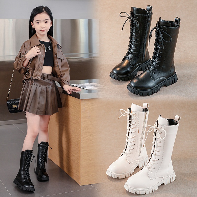 Kids Fashion Knee Boots for kids Black Leather Lace Up Long for kids ...
