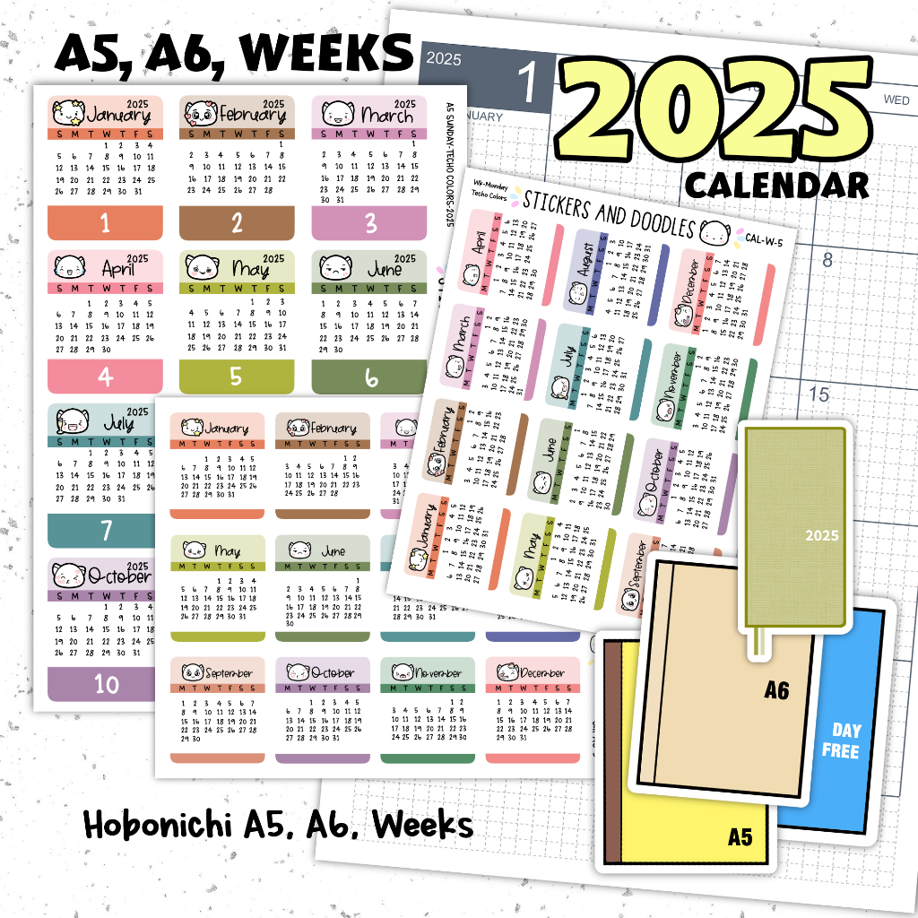 2025 Stickers Monday Start calendar design for Hobonichi A5 A6 and ...