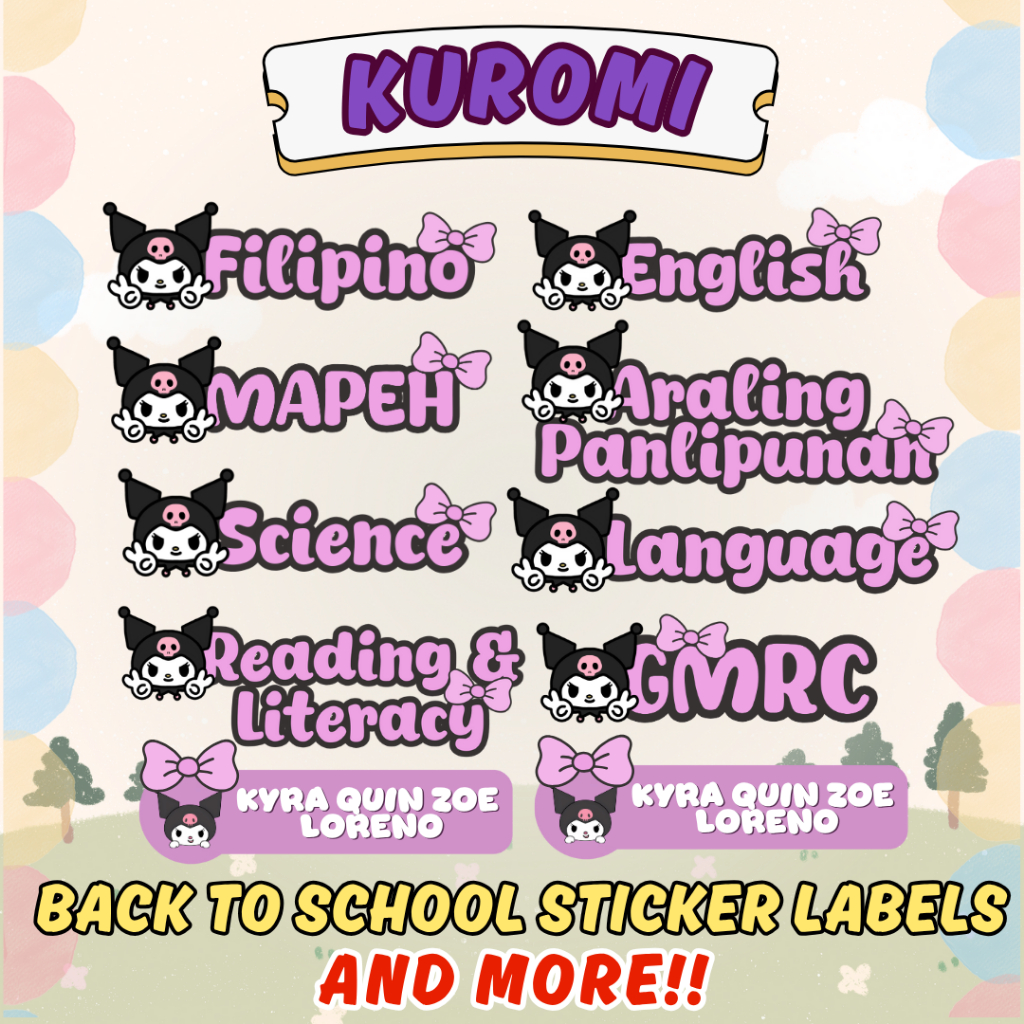 Customized Kuromi Subject and Name Label Waterproof Sticker Back to ...