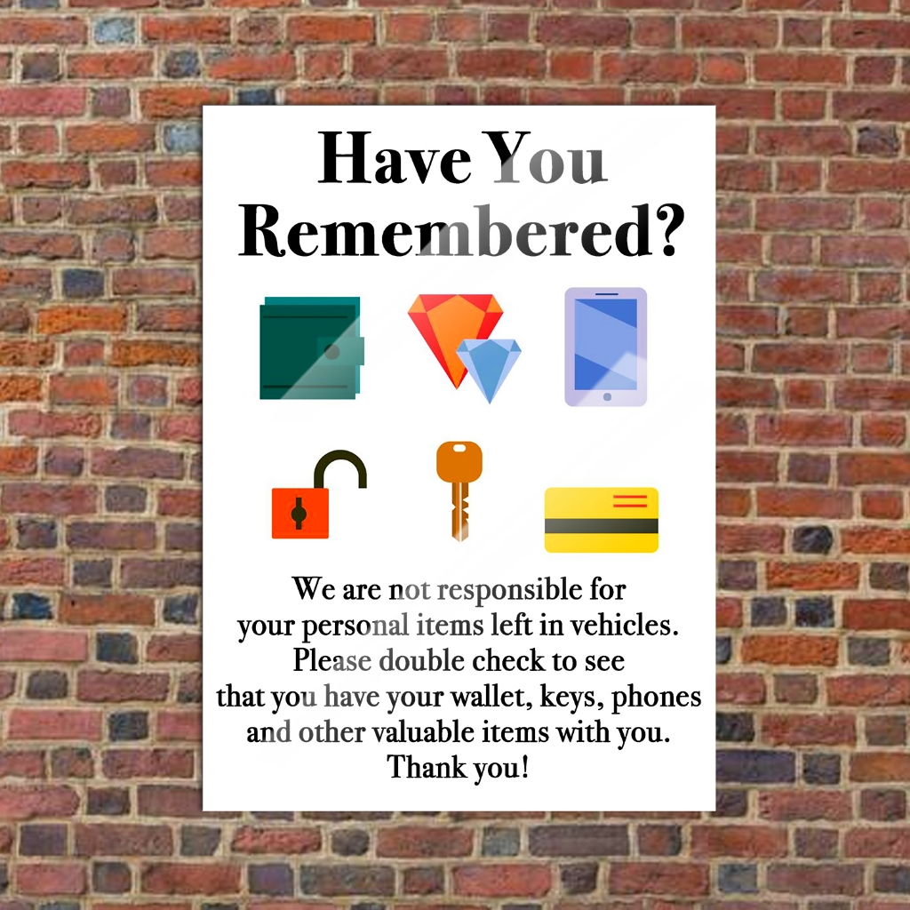REMINDER VALUABLE ITEMS FOR RESTAURANT HOTEL BAR SIGNAGE FOR PARKED ...