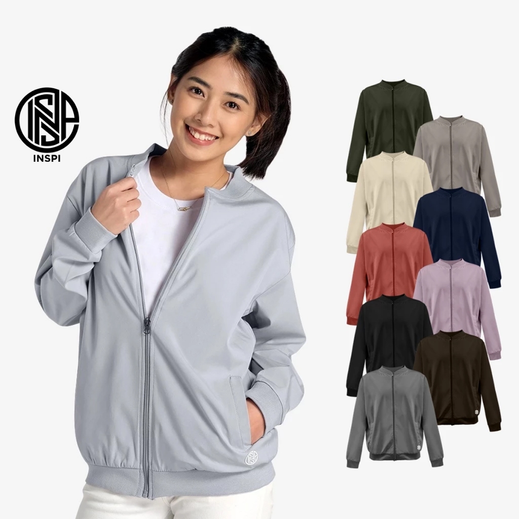 INSPI Bomber Jacket for Women with Full Zipper and Pockets Plain Casual ...