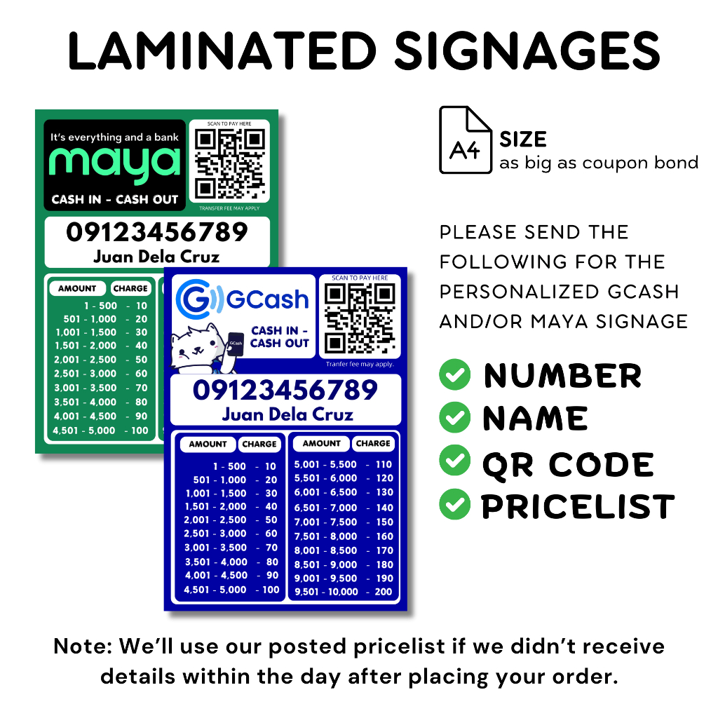 Laminated Signages for Gcash Maya Cash in Cash out for notice A4 size ...