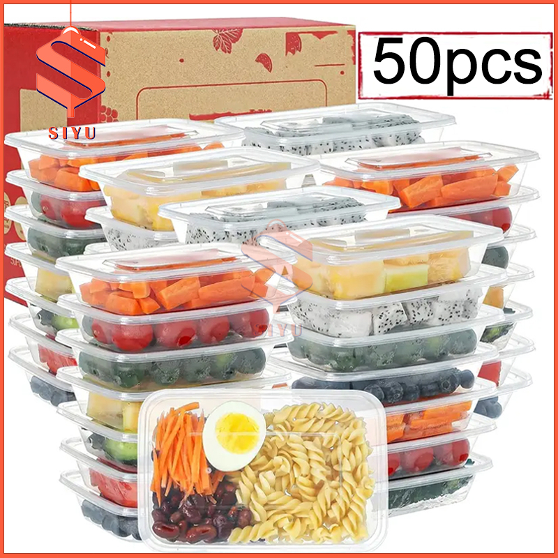 50pcs Rectangle Microwavable Food Container Disposable Plastic Tub Fast ...