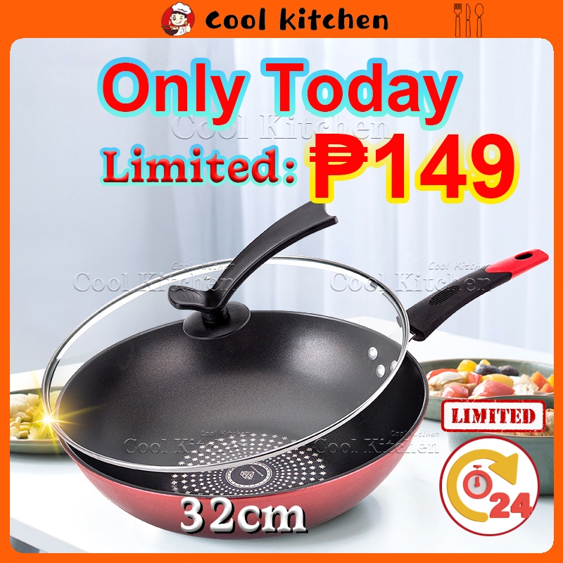 32cm Non-Stick Wok Pan Diamond Red Frying Pan Kitchen Iron Frying For ...