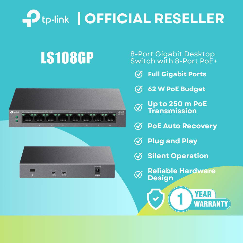 TP-Link LS108GP 8-Port Gigabit PoE+ Desktop Switch 62W Budget / 250m ...