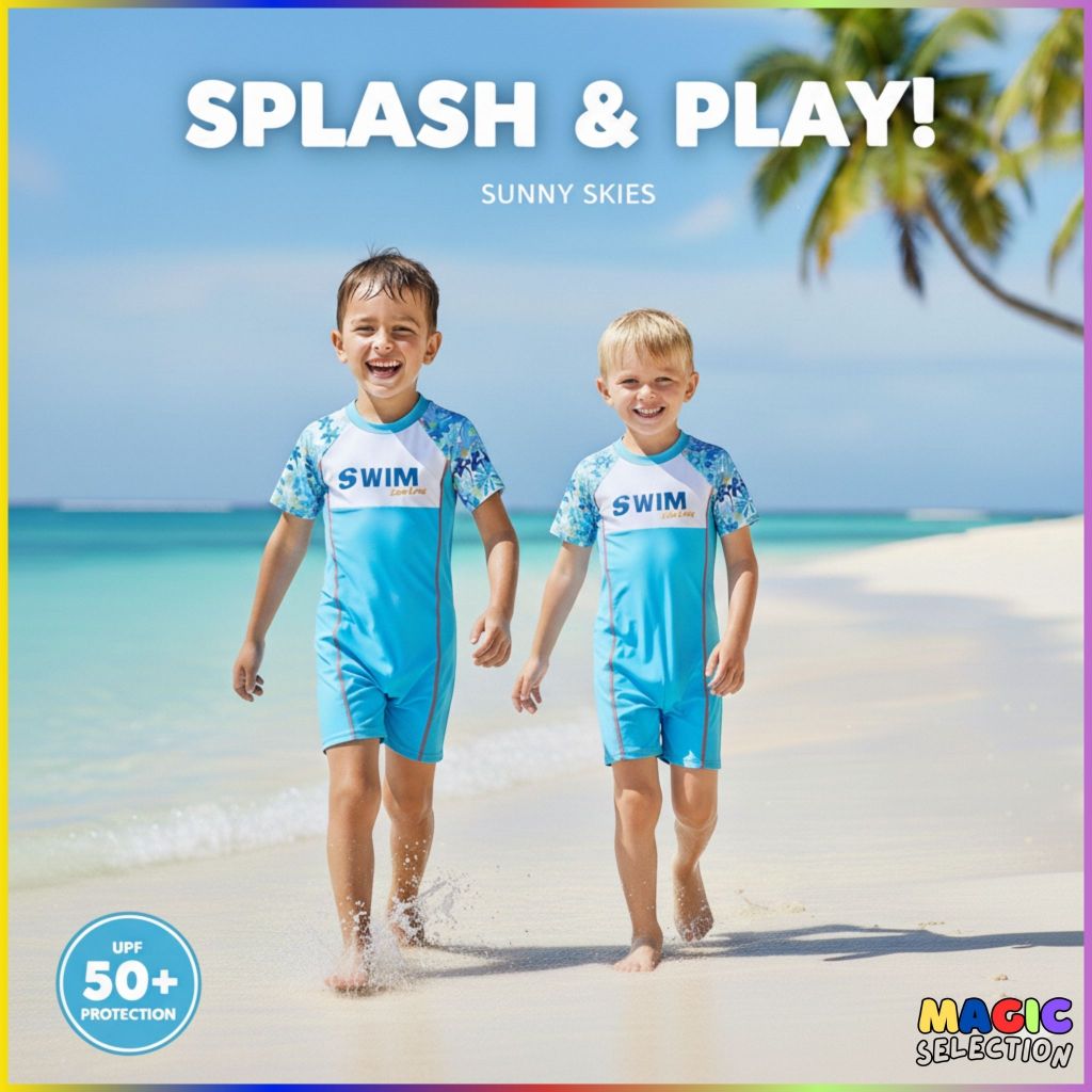 Magic Selection Boys’ One-Piece Swimwear 4–10Y – Soft Blue Short Sleeve ...