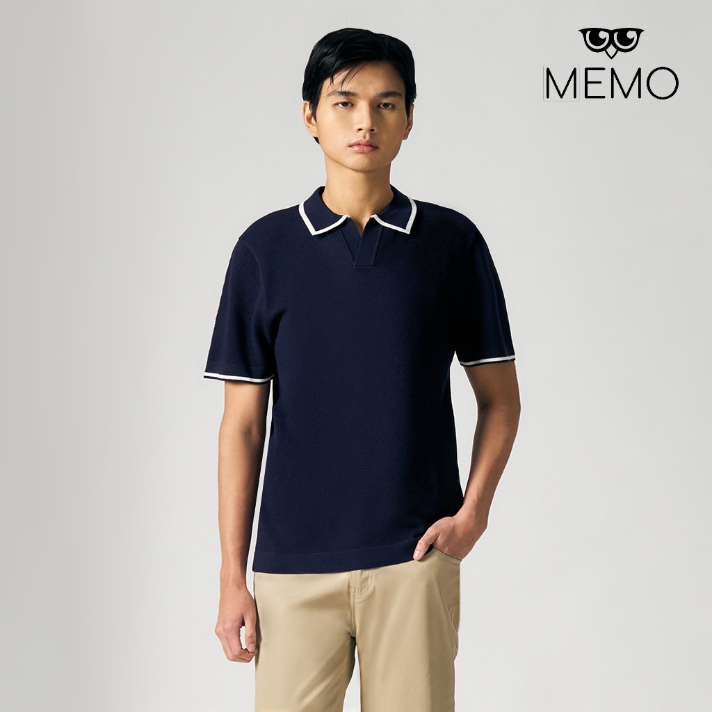 Memo V-Placket Polo For Men with Tipping (Navy Blue) | Shopee Singapore