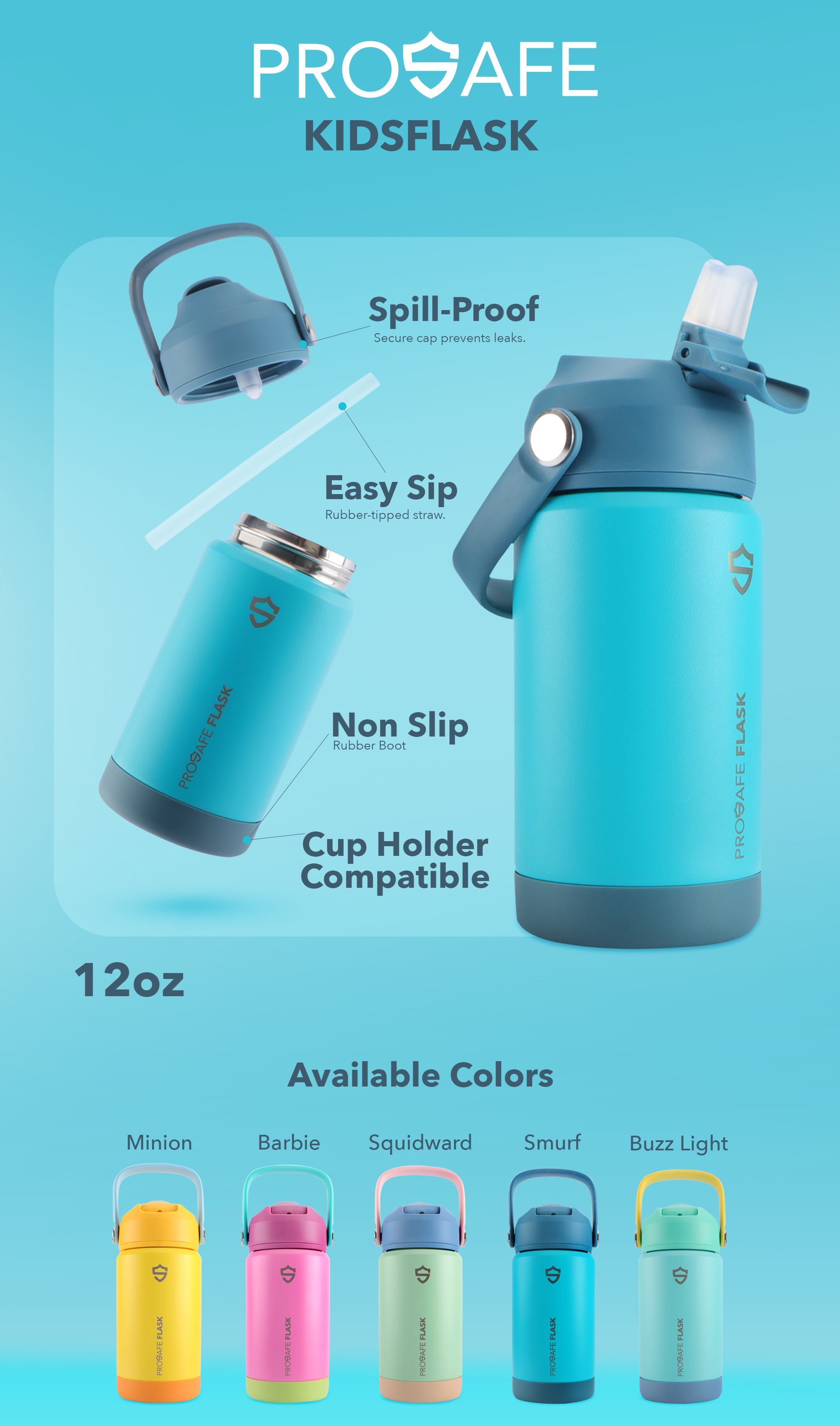 Prosafe Flask for Kids 12oz/355ml (Stainless Steel Thermos with Straw ...