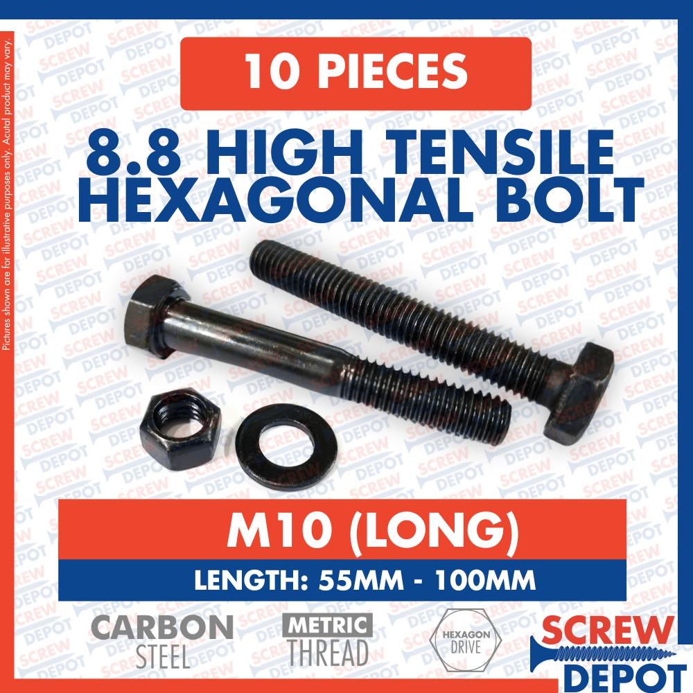 10PCS M10 (10MM) x 55MM ~ 100MM High Tensile Hex Bolt or HT Hexagonal ...
