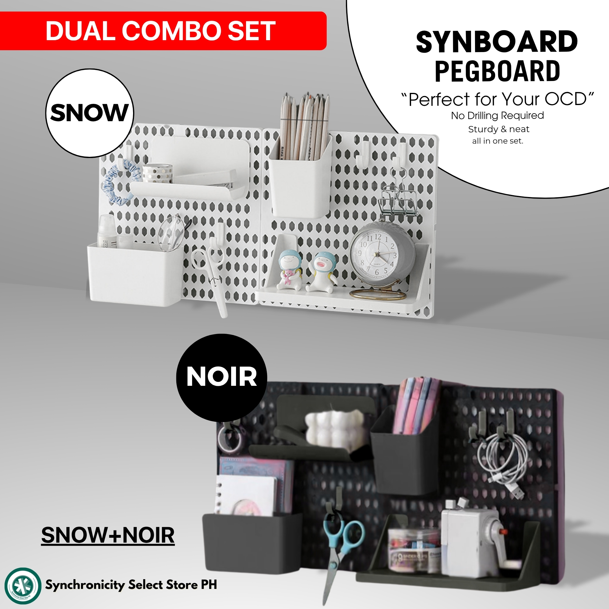 SYNBOARD Dual Pegboard Set - No-Drill Wall Organizer, Desk Display ...