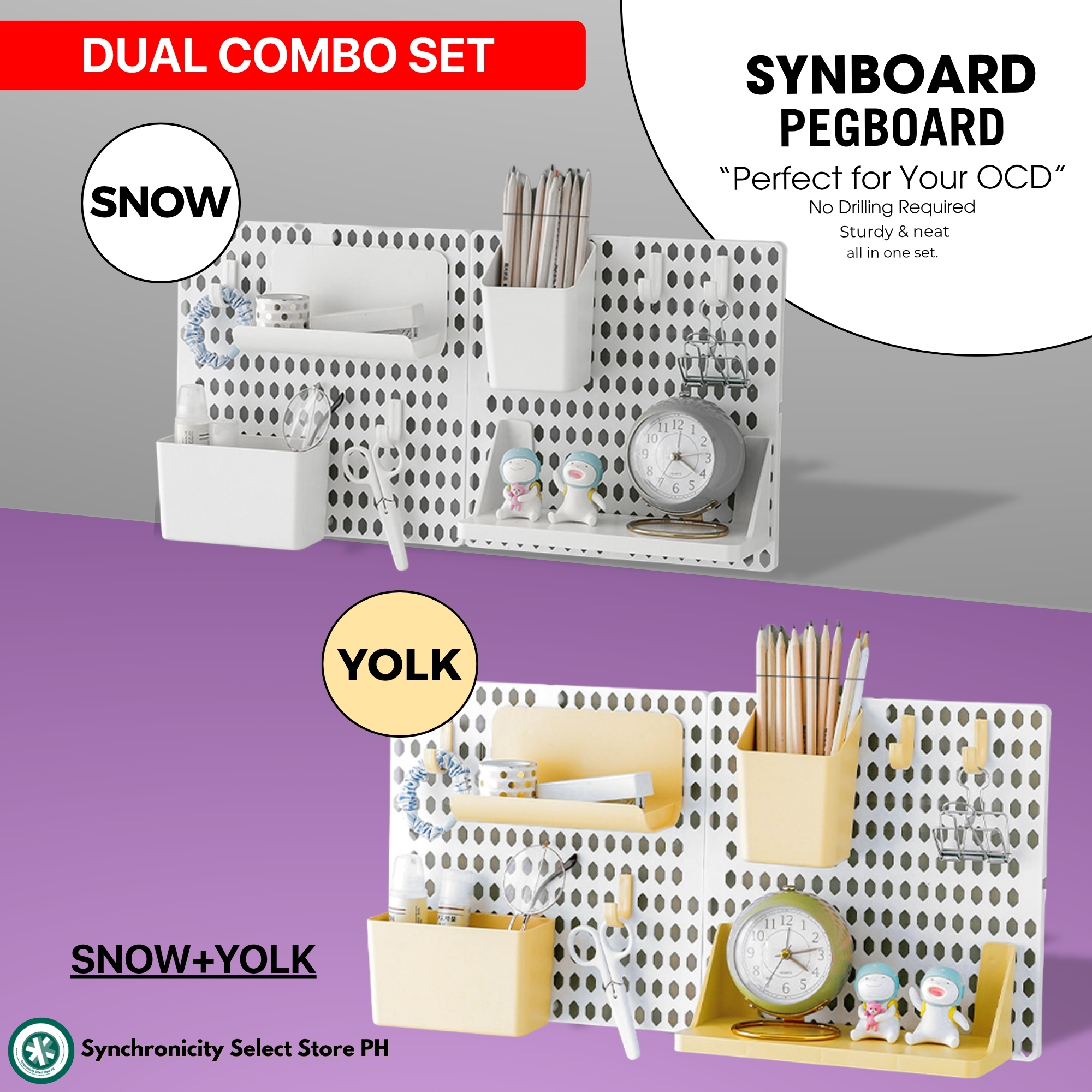 SYNBOARD Dual Pegboard Set - No-Drill Wall Organizer, Desk Display ...