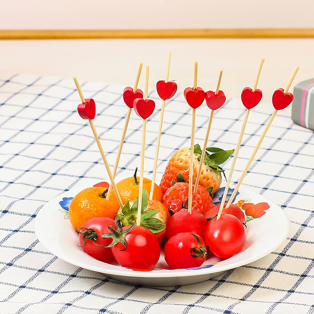 100Pcs 12cm Disposable Art Bamboo Sticks Red Heart Fruit Sandwich ...