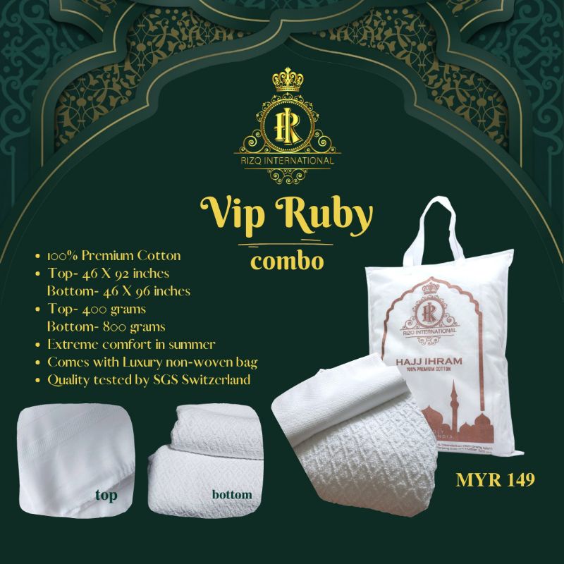 RIZQ IHRAM VIP RUBY COMBO Kain Ihram 100% Premium Indian Cotton Extreme Comfort In Summer Lab ...