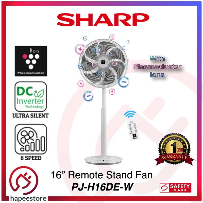 SHARP Plasmacluster ION Electric Remote Stand Fan PJ-H16DE-W (DC Motor ...
