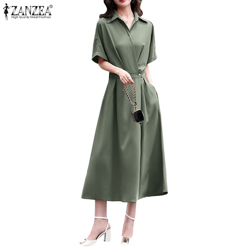 ZANZEA Women Elastic Waist Solid Half Sleeve Lapel Side Pockets Fashion ...