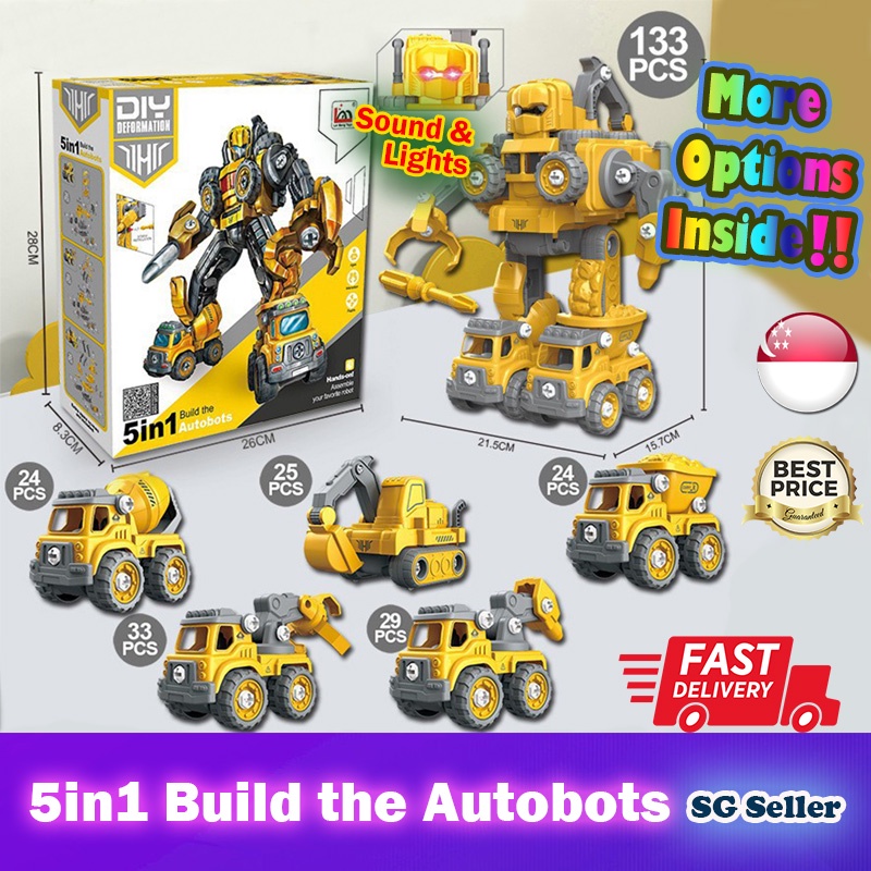 【SG Ready Stock】5in1 Build The Autobots Robot Toy★Construction Vehicles ...