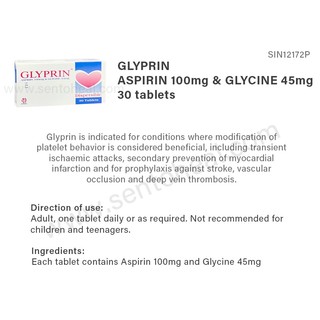 Glyprin 30 tablets - Aspirin 100mg & Glycine 45mg/ Generic of Cardiprin ...