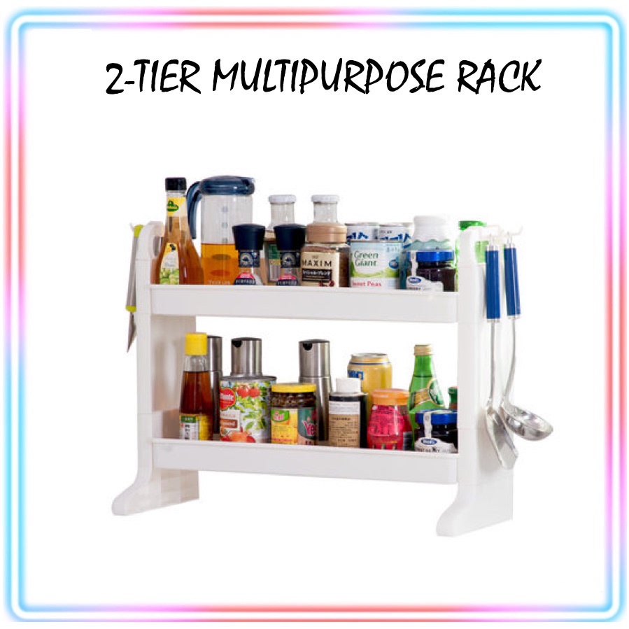 2-Tier Storage Rack Countertop Standing Shelf with Hook Multi-Purpose ...