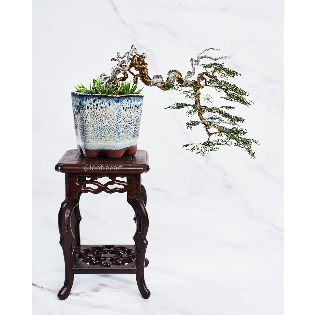 Bonsai Tree Wire Sculpture (Gold & Silver Bark with Falling Green ...