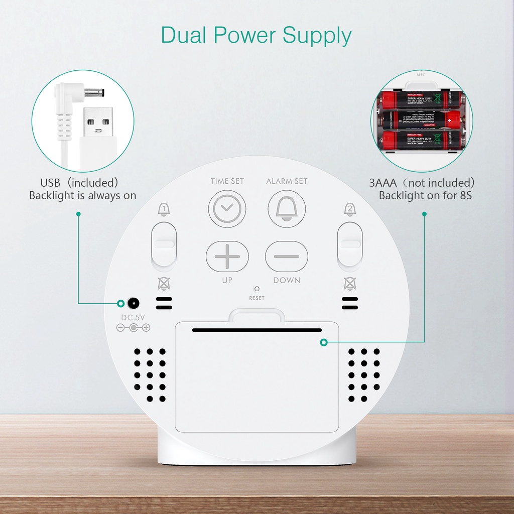 Battery/USB Powered Digital Alarm Clock with 4 Adjustable Brightness 12 ...