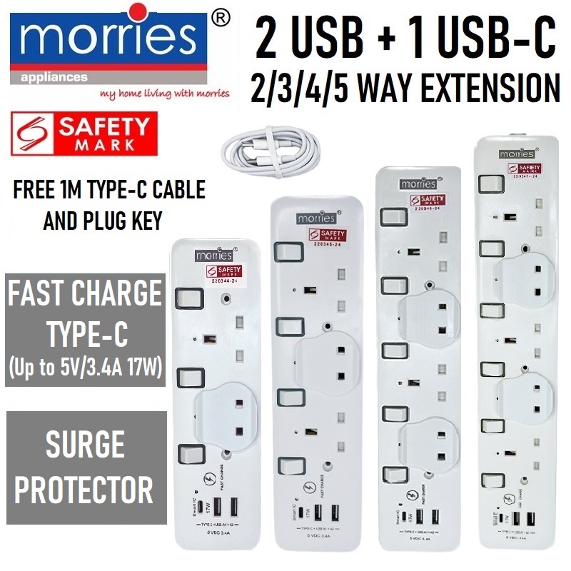 Morries 2 / 3 / 4 / 5 Way Power Extension Cord with 2 USB and 1 Type-C ...