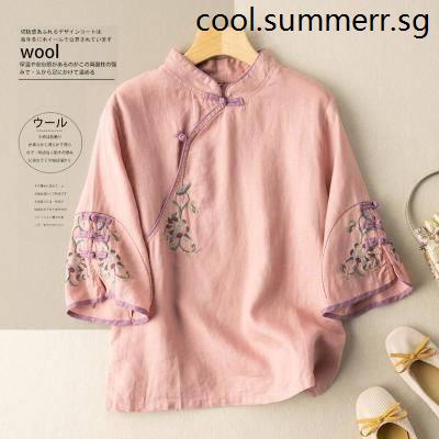 NEW cheongsam top Cotton and linen tea suit sleeve embroidery diagonal ...